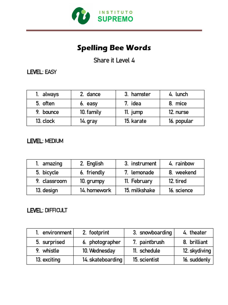 Spelling Bee Words Level 4 | PDF