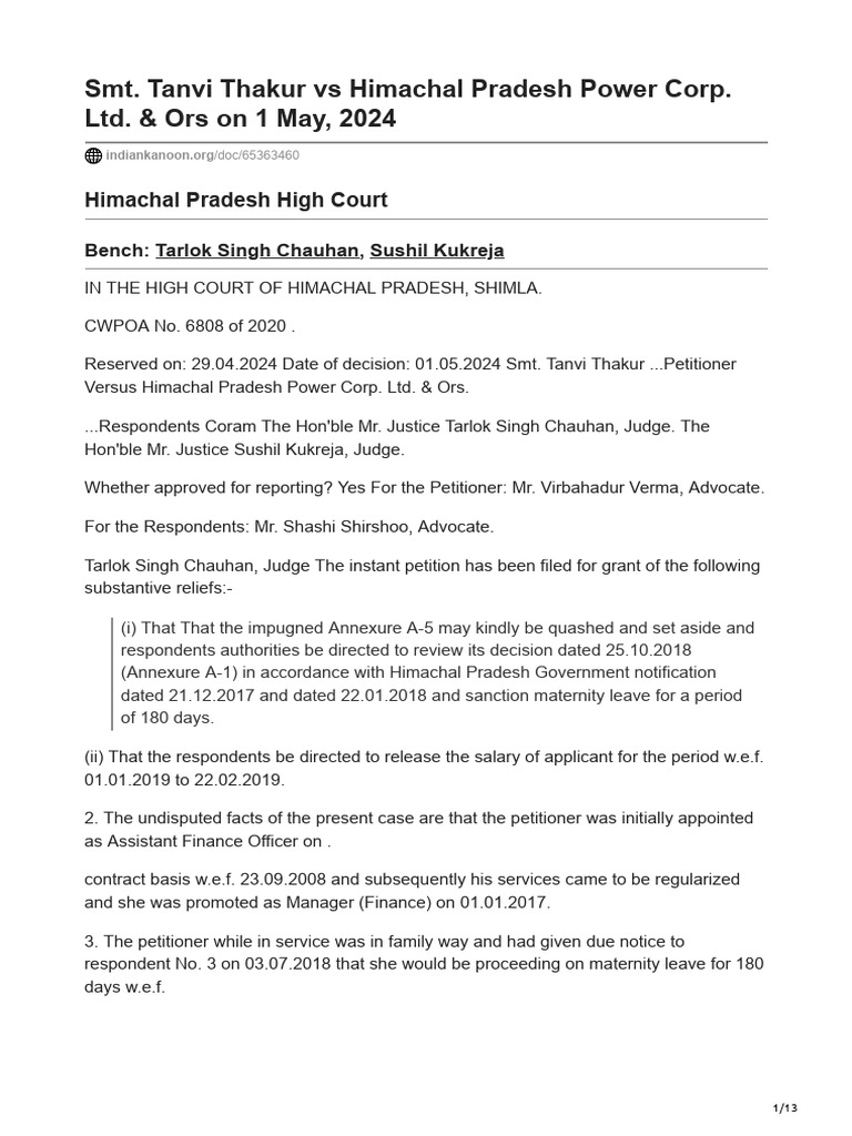 SMT Tanvi Thakur Vs Himachal Pradesh Power Corp LTD Ors On 1 May 2024 ...