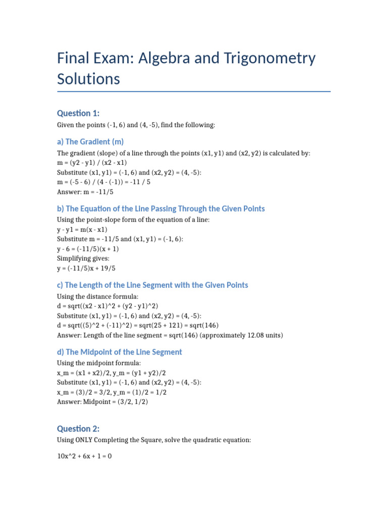 Algebra and Trigonometry Exam Solutions | PDF | Factorization | Algebra