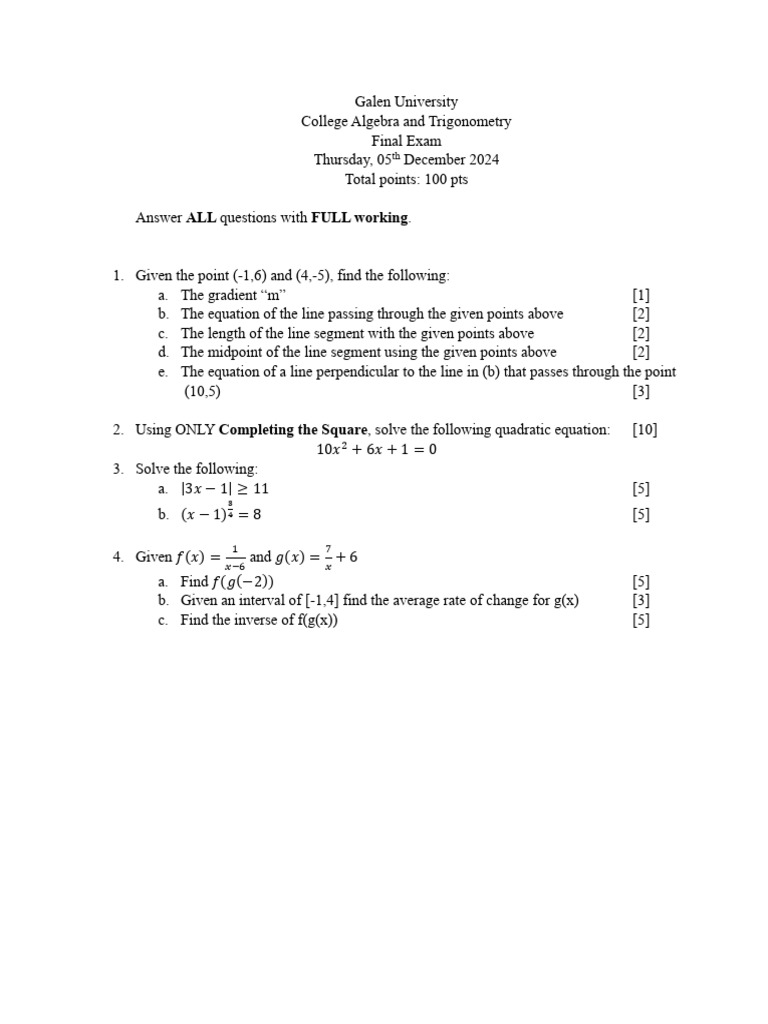 Algebra and Trig Final Exam | PDF | Factorization | Mathematical Concepts