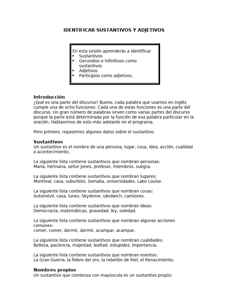 Identificando Sustantivos y Adjetivos | PDF | Adjetivo | Pronombre