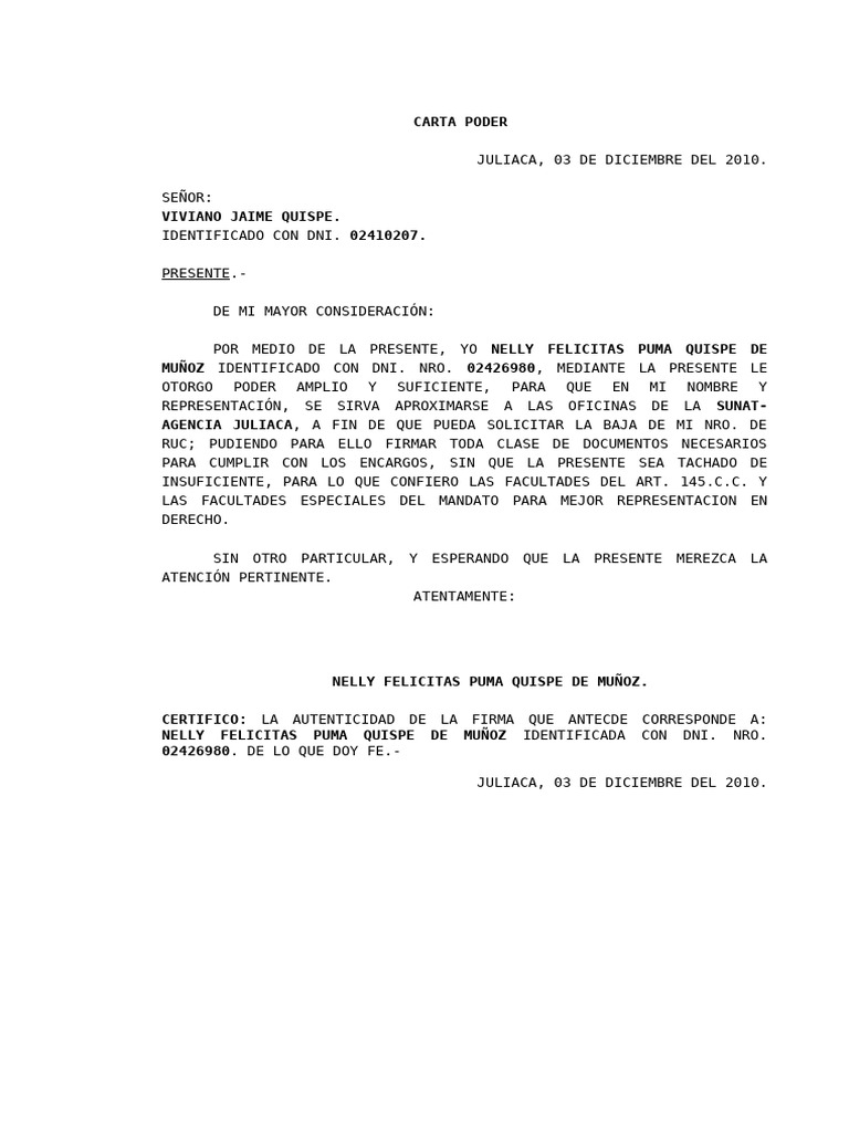 Carta Poder Sunat Cancelacion Ruc | PDF