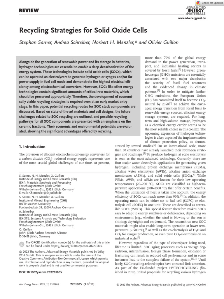 SOC Recycling for Green Hydrogen | PDF | Chromium | Fuel Cell