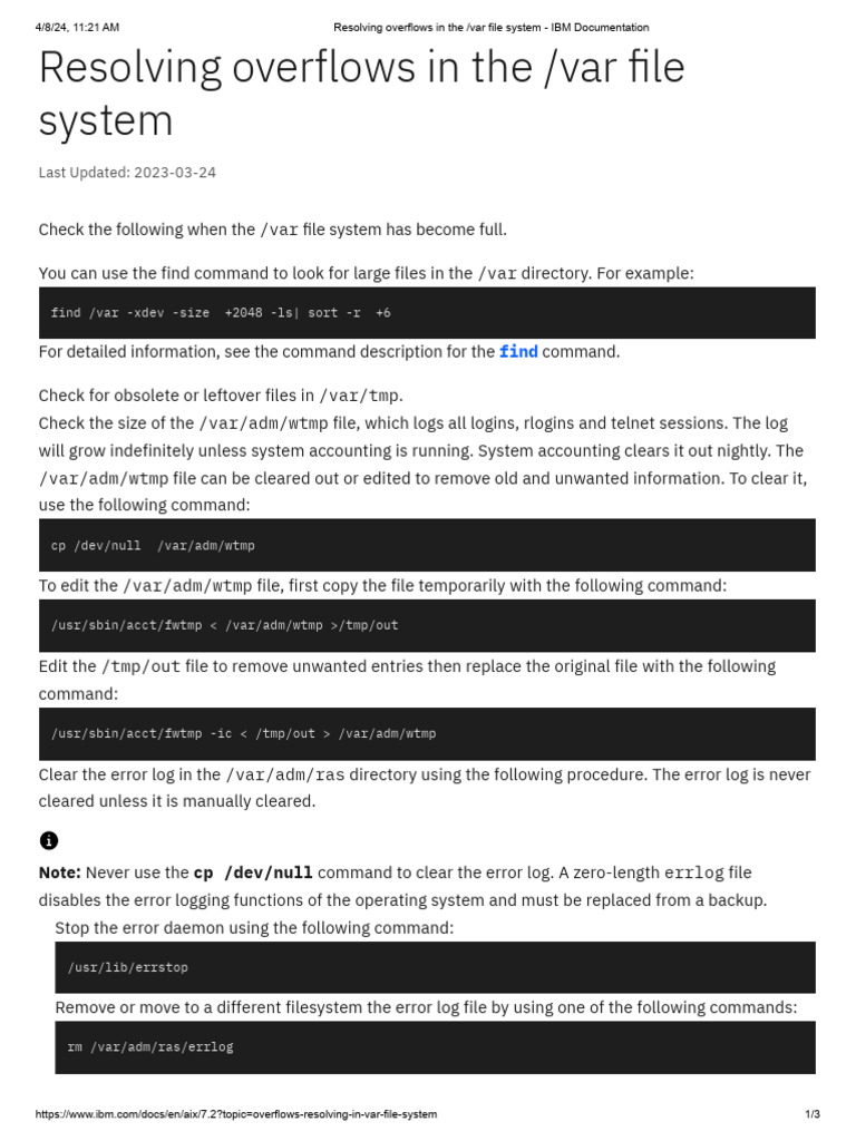 Resolving Overflows in The - Var File System - IBM Documentation | PDF | Computer File | File System