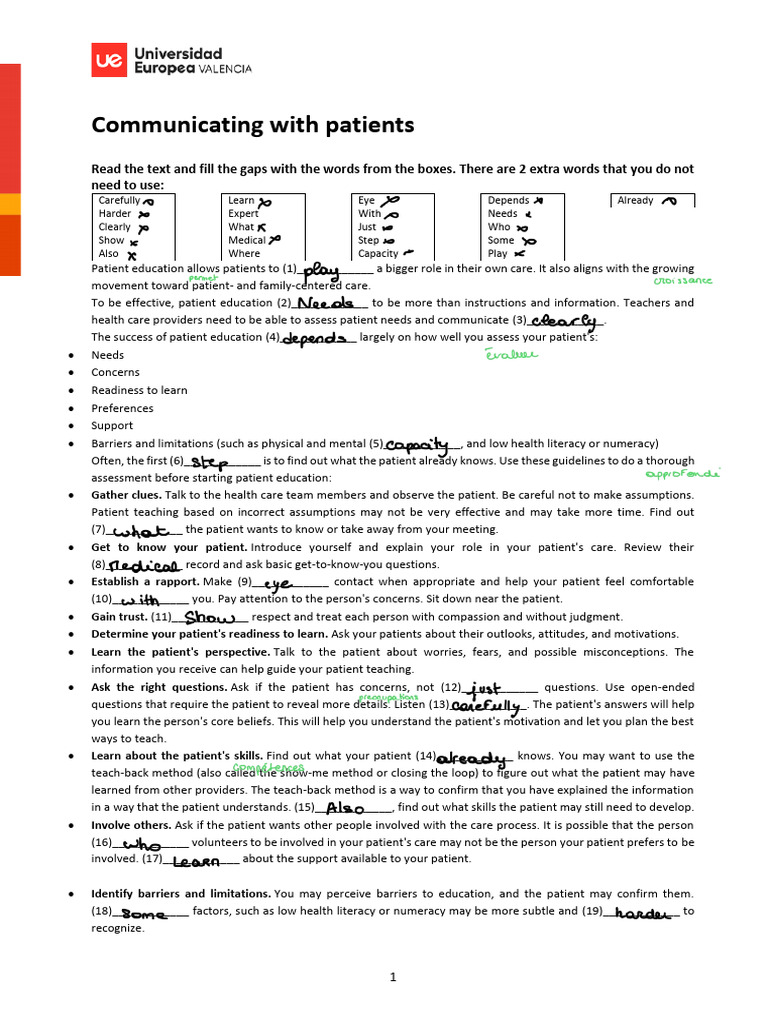 Communicating+with+patients Worksheet | PDF | Communication | Cognition