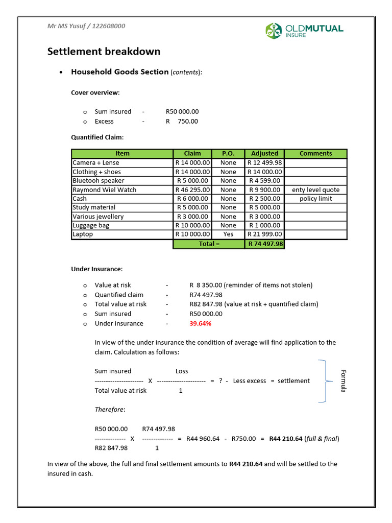 Settlement Breakdown - Yusuf | PDF