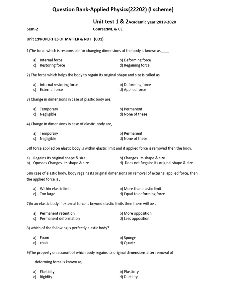 ME2I AND CE2I APPLIED SCIENCE QUESTION BANK 1 | PDF | Young's Modulus ...