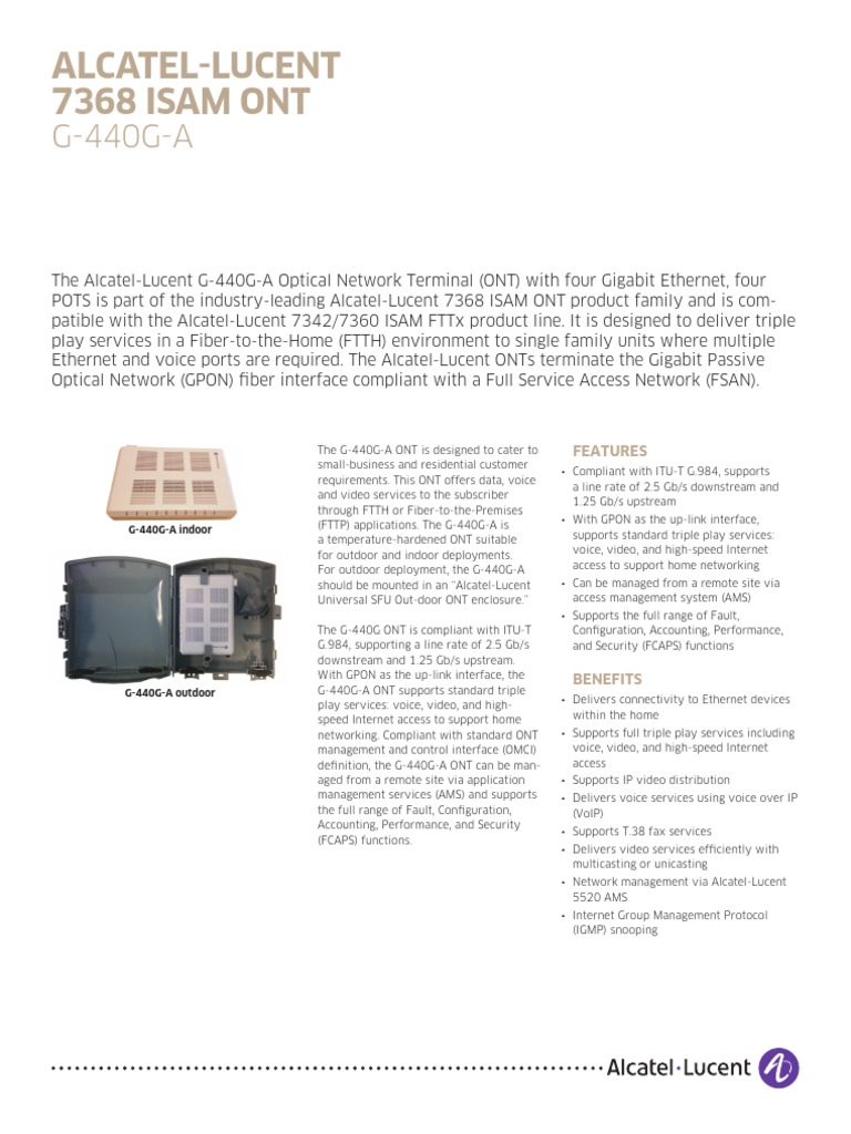 Alcatel-Lucent G-440G-A ONT Overview | PDF | Fiber To The X | Internet ...