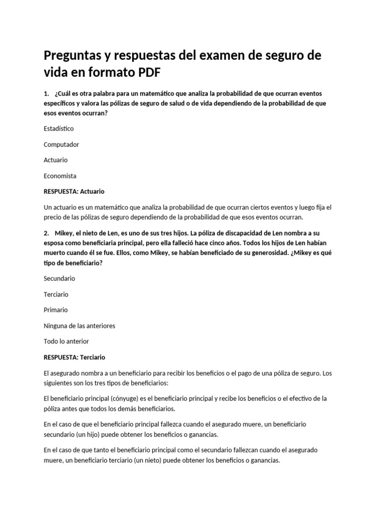 Preguntas y Respuestas Del Examen de Seguro de Vida en PDF | PDF | Póliza de seguros | Seguro