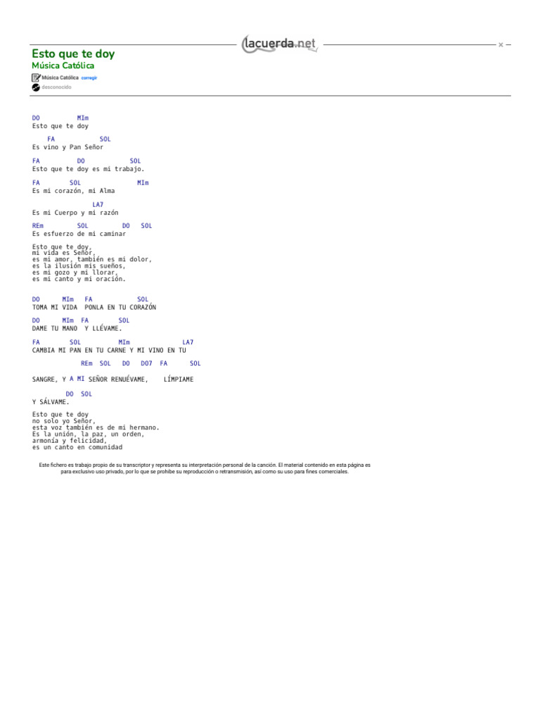 Letra y Acordes de "Esto que te doy" | PDF