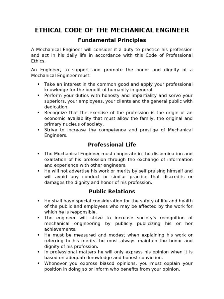 Code of Ethics For Mechanical Engineers | PDF | Engineer | Profession