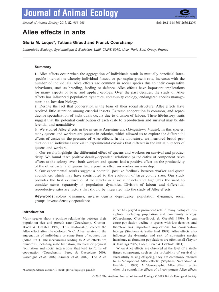 Allee Effects in Argentine Ants | PDF | Eusociality | Ecology