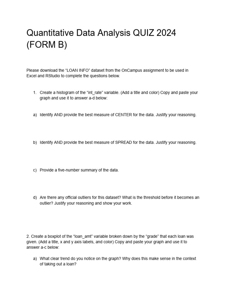 Quantitative Data Analysis Quiz 2024 | PDF | Statistical Analysis ...