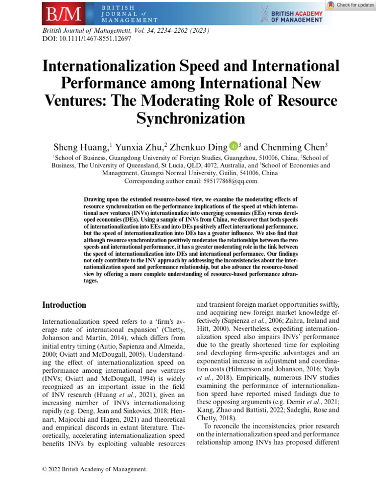 Internationalization Speed and International Performance among INVs ...
