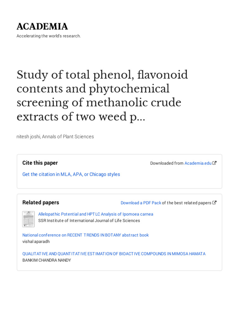 Study of Total Phenol, Flavonoid Contents and Phytochemical Screening of Methanolic Crude ...