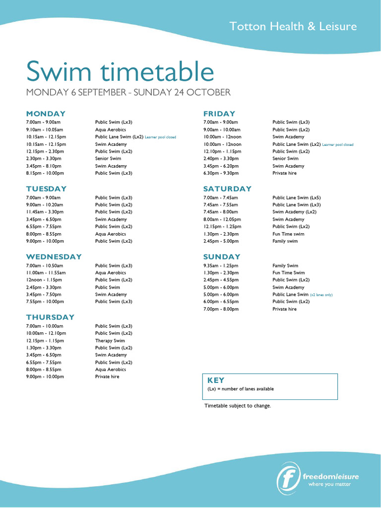 THL Swim Times 6 September 24 October 9 | PDF | Swimming (Sport ...