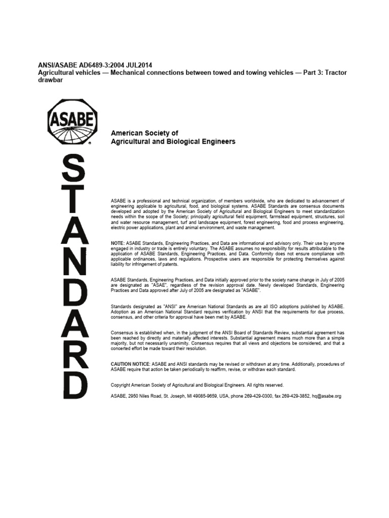 ANSI-ASABE AD6489-3-2004 JUL2014 (Tractor Drawbars) | PDF | Tractor