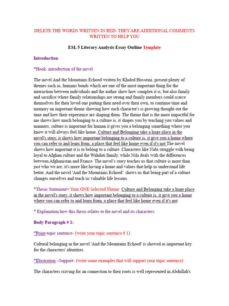 ESL 5 Literary Analysis Essay Outline Template | PDF
