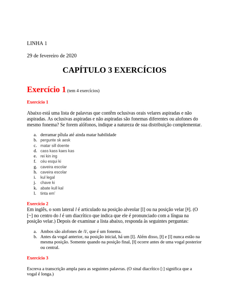 Capítulo 3 Exercícios.docx | PDF | Fonema | Vogal