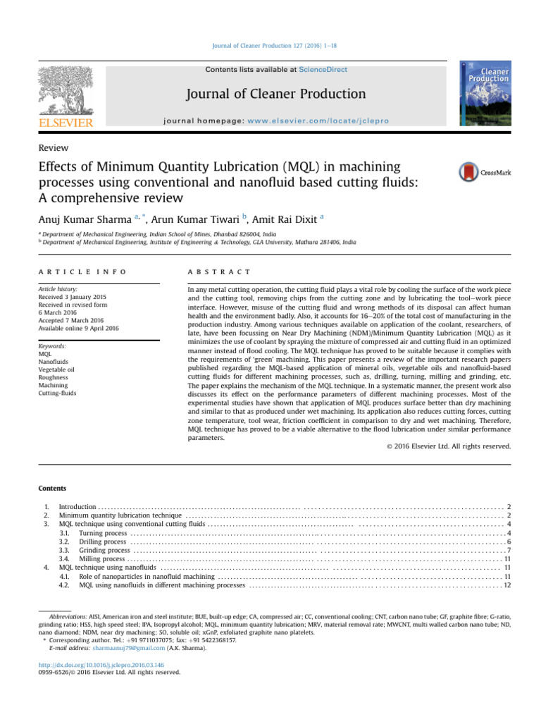 Effects of Minimum Quantity Lubrication (MQL) in Machining Processes Using Conventional and ...
