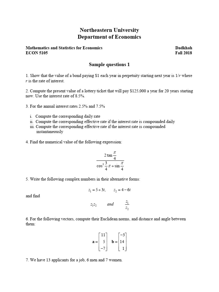 Math and Stat Sample Questions | PDF | Matrix (Mathematics) | Functions ...