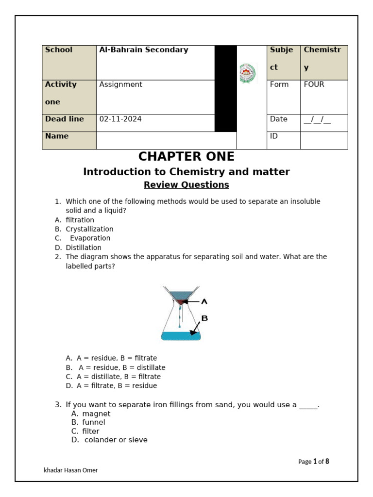Form Four First Assign Chem (Chapter One) Form One and Two | PDF | Filtration | Mixture