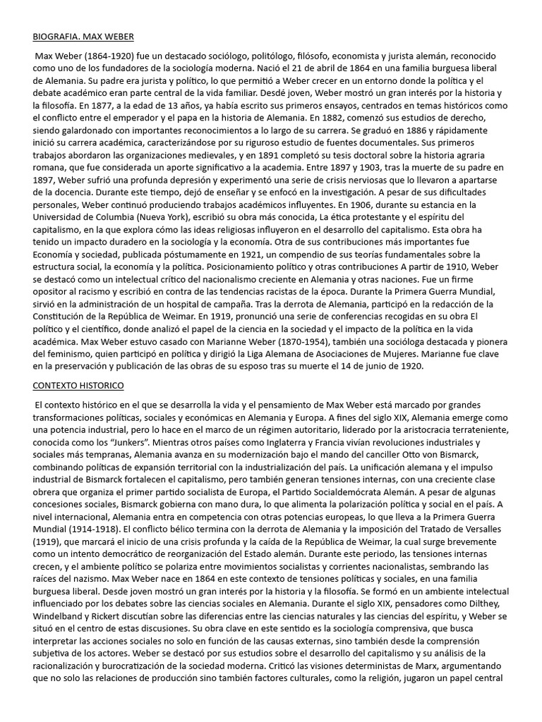 Biografía de Max Weber: Sociólogo y Filósofo | PDF | Max Weber ...