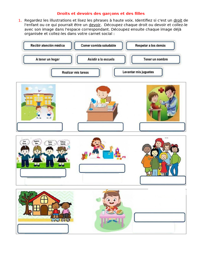 Droits Et Devoirs Des Enfants. Activité À Découper en Première | PDF