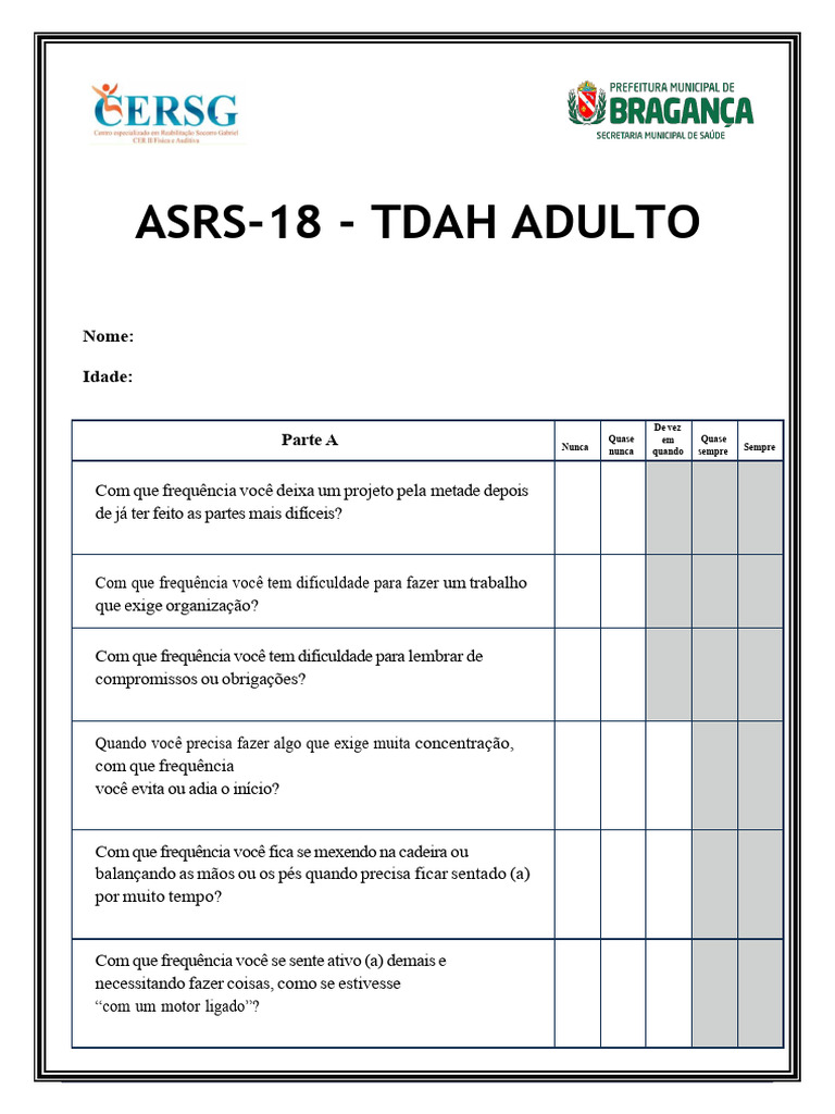 Questionário ASRS-18 para TDAH Adulto | PDF | Doenças e distúrbios