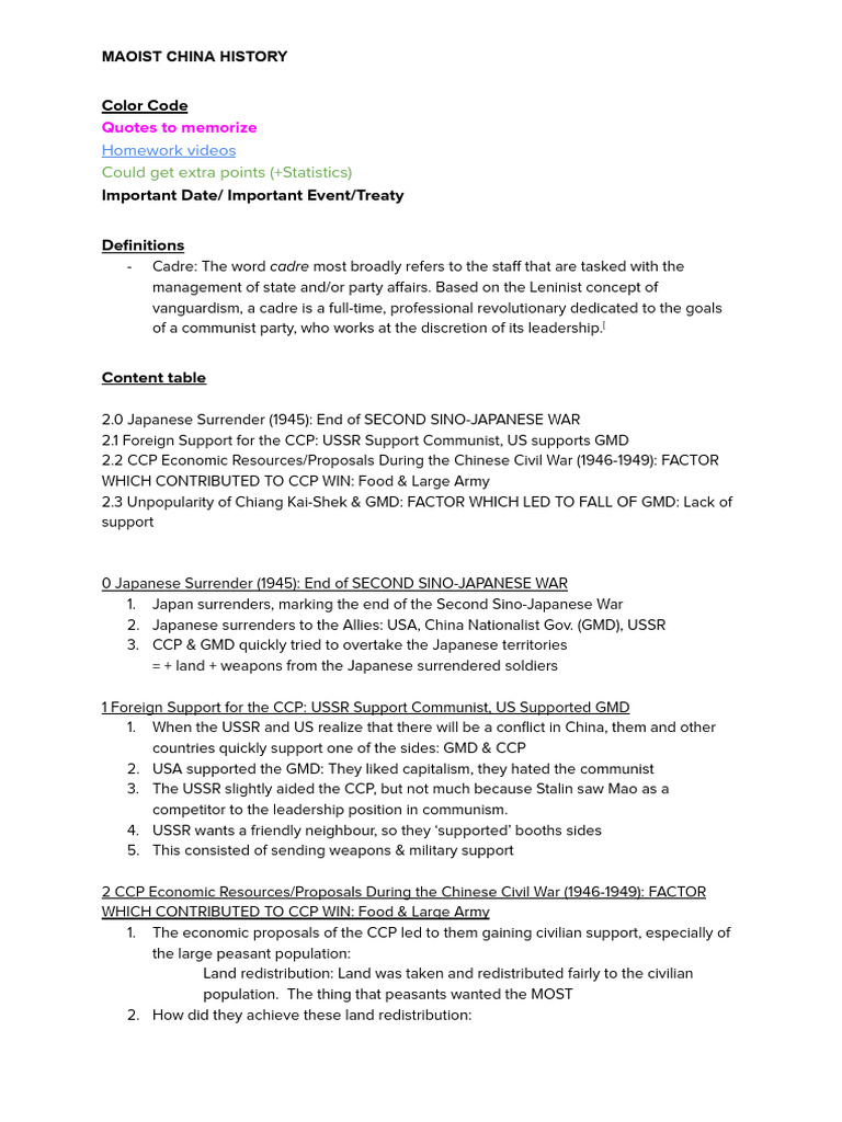 History - (2) Maoist China Notes | PDF | Kuomintang | Mao Zedong
