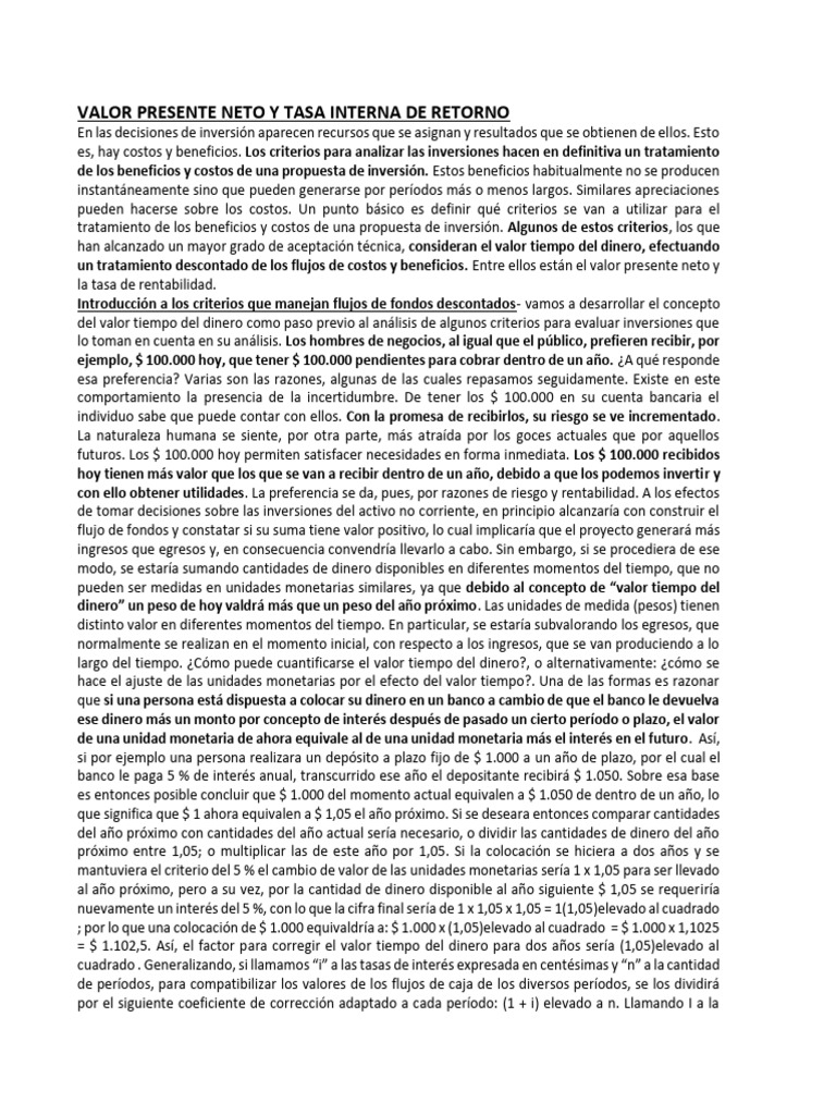 Valor Presente Neto y Tasa Interna de Retorno | PDF | Tasa interna de retorno | Economias
