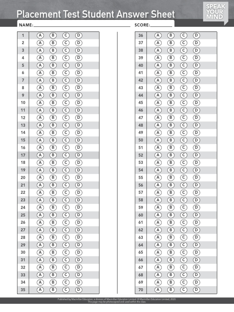 Placement Test Answer Sheet SYM | PDF