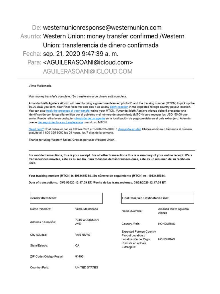 Western Union Money Transfer Confirmed Western Union Transferencia de ...