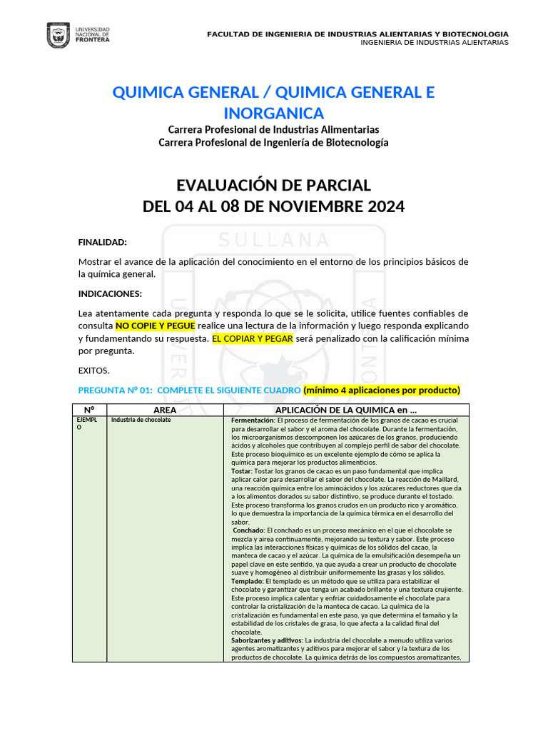 EXAMEN PARCIAL _ quimica GENERAL_quimica GENERAL E INORGANICA_unf_2024-II | PDF | Chocolate | Azúcar