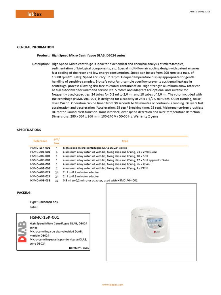 Ficha Tecnica de Centrifuga DLab | PDF | Centrífugo