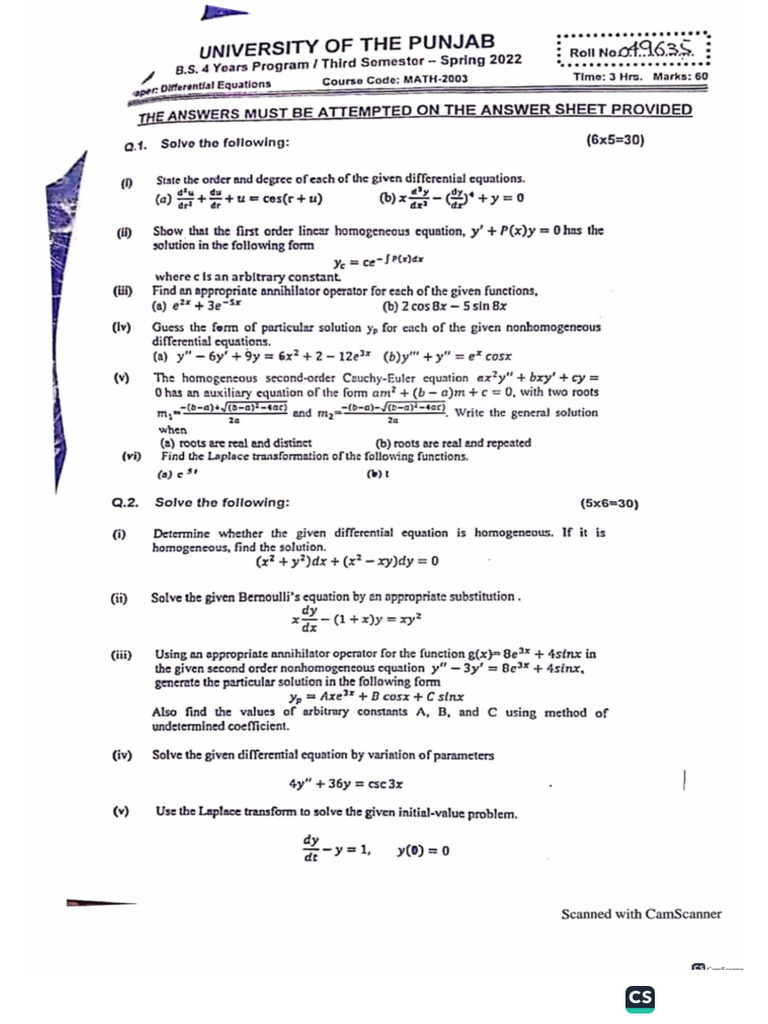 Differential Eq. Solved Pp(Spring-2022) | PDF