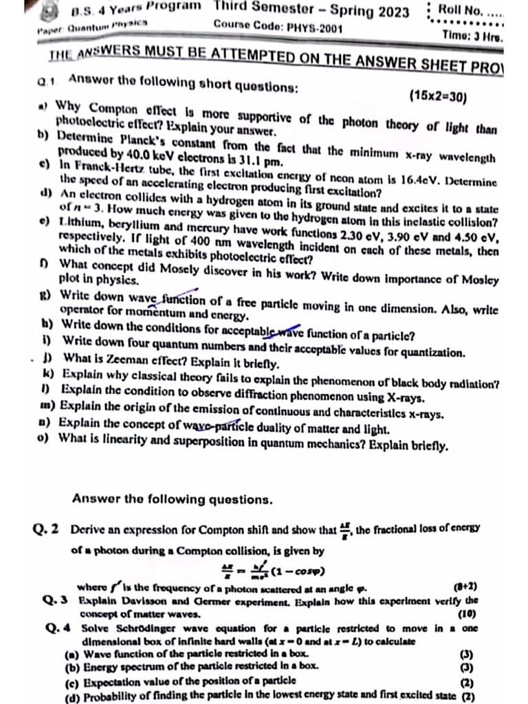 Quantum Physics Solved (Spring-2023) | PDF