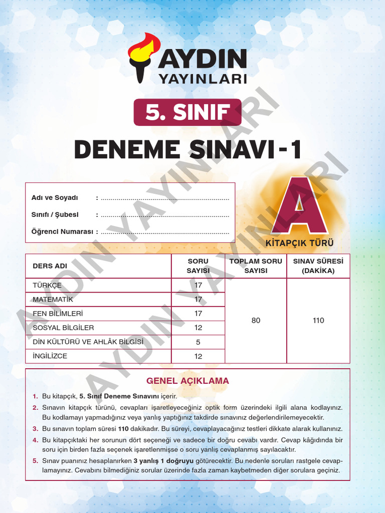 Aydin Yayinlari 5 Sinif Kurumsal Deneme 1a | PDF