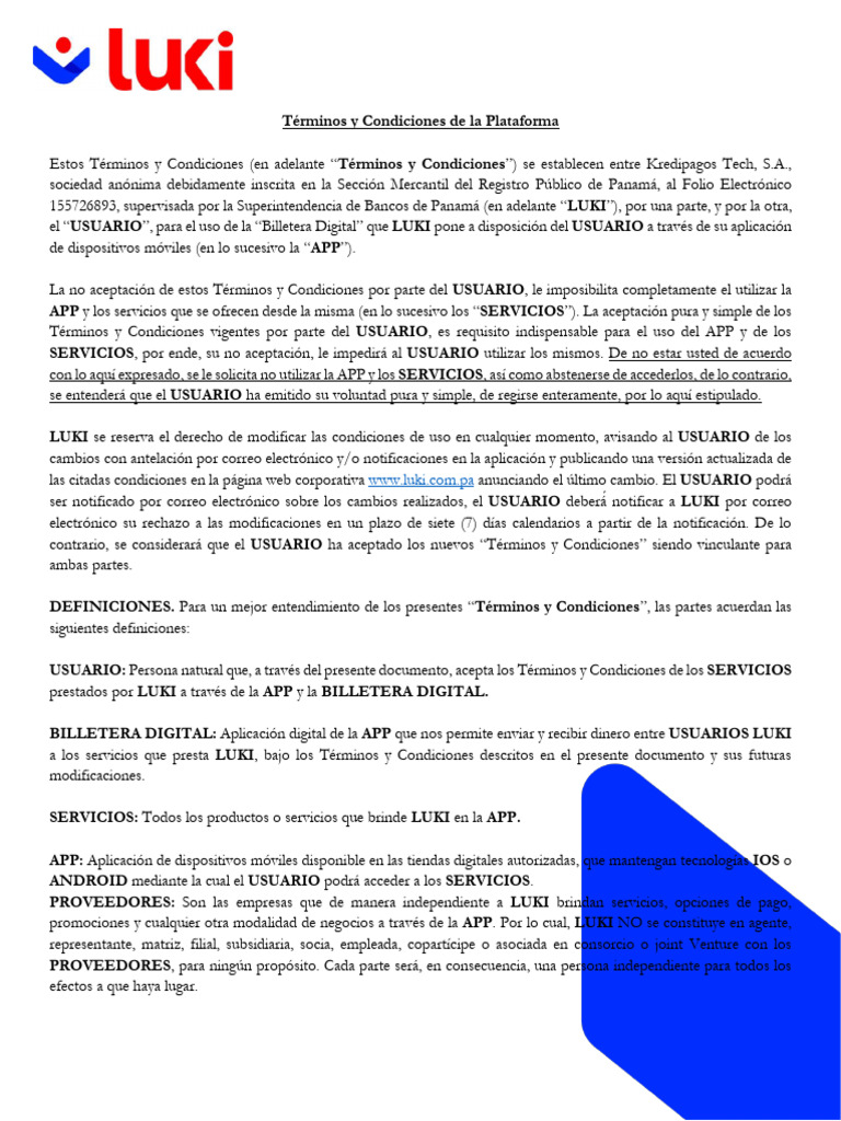 Términos de Uso de LUKI Panamá | PDF | Aplicación movil | Contraseña