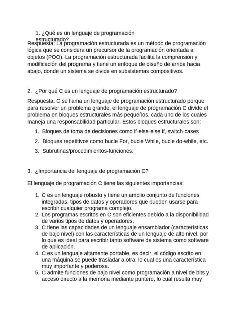 Lenguaje de Programación Estructurado Pregunta Y Respuesta. | PDF | Lenguaje de programación ...