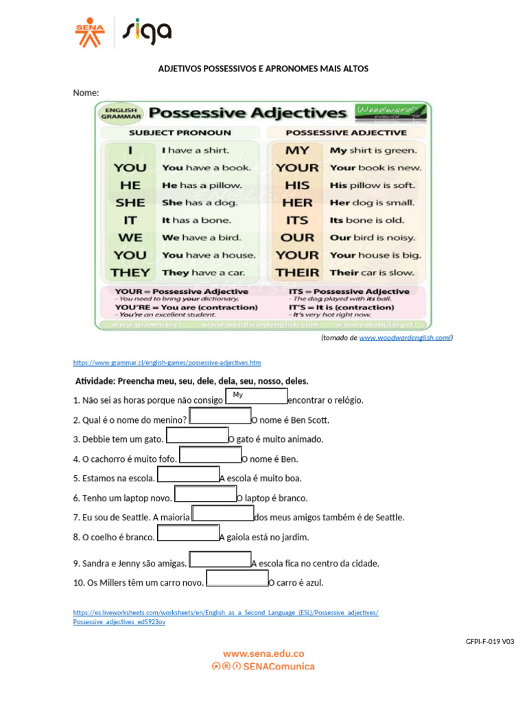 Folha de Exercícios - Adjetivos e Pronomes Possessivos | PDF | Pronome