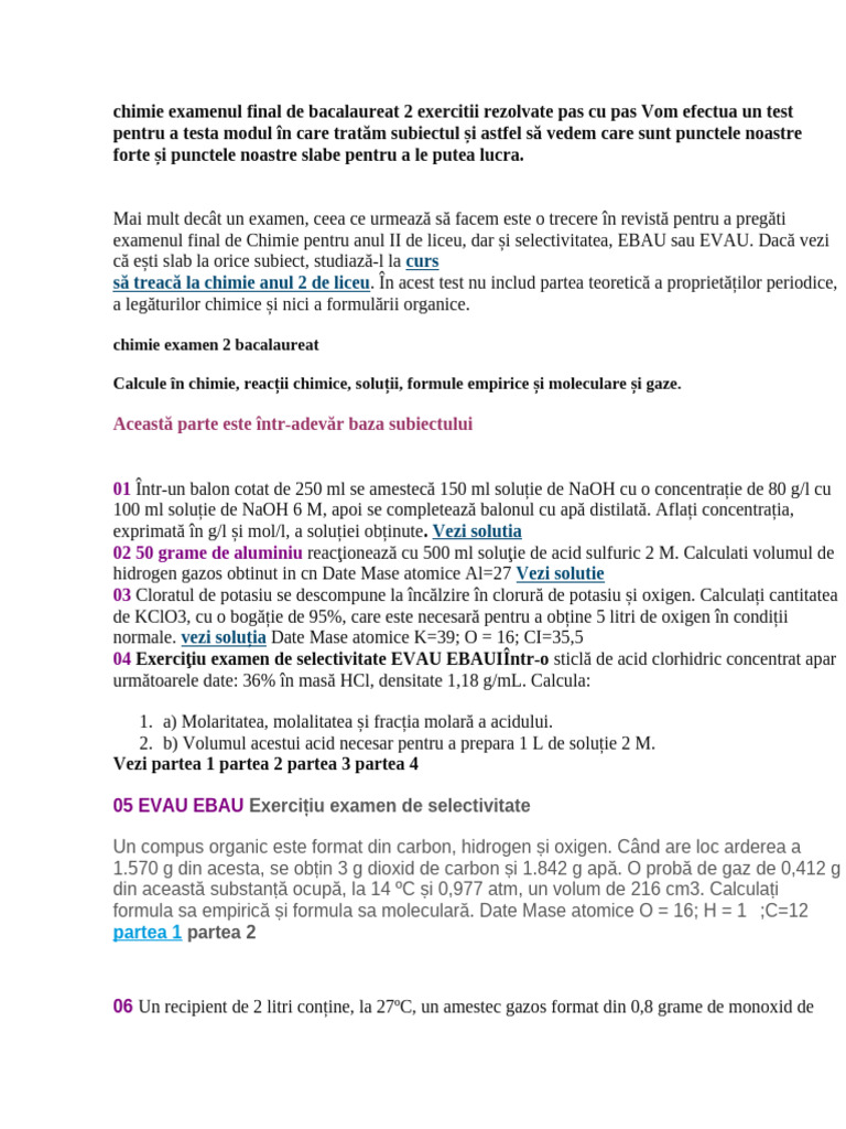 Examen Rezolvat de Chimie Clasa A 10-A | PDF