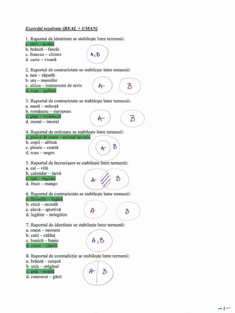 Exerciții Rezolvate - Raporturi Logice Între Termeni. Diagrama Euler | PDF