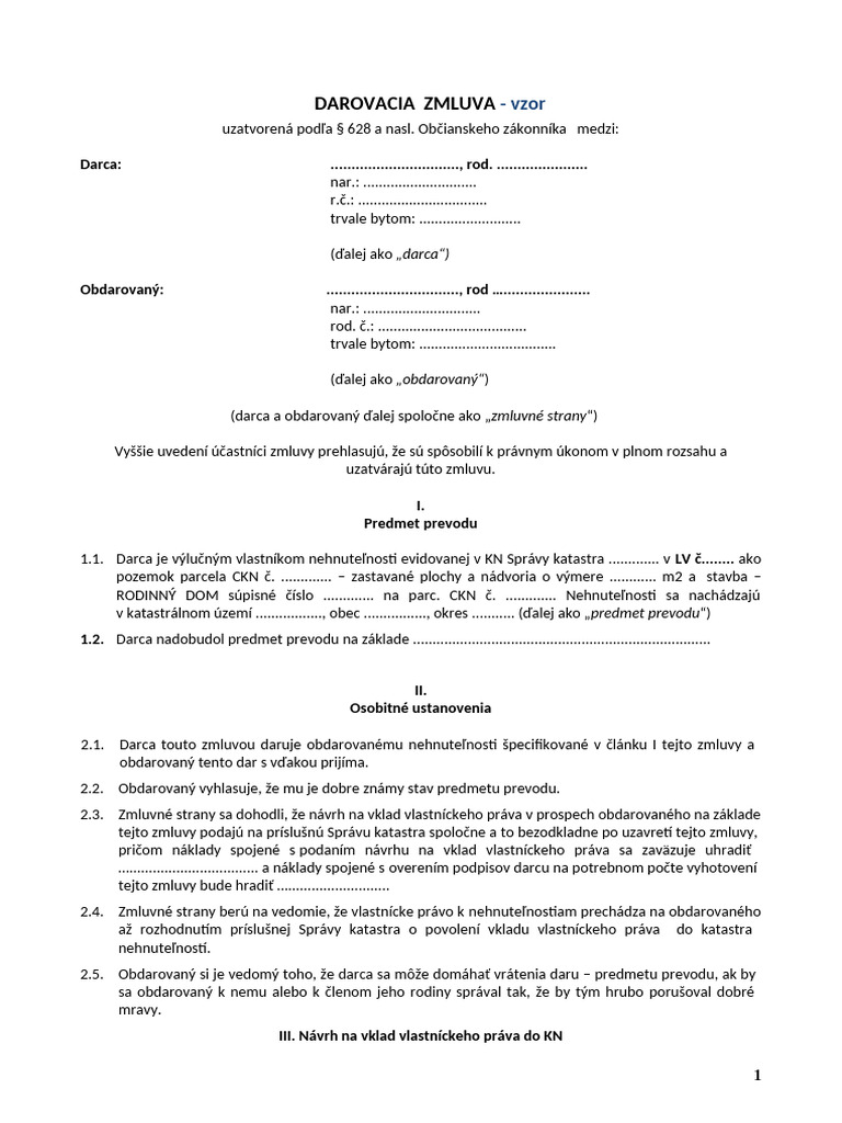 Darovacia Zmluva Dom - Vzor | PDF