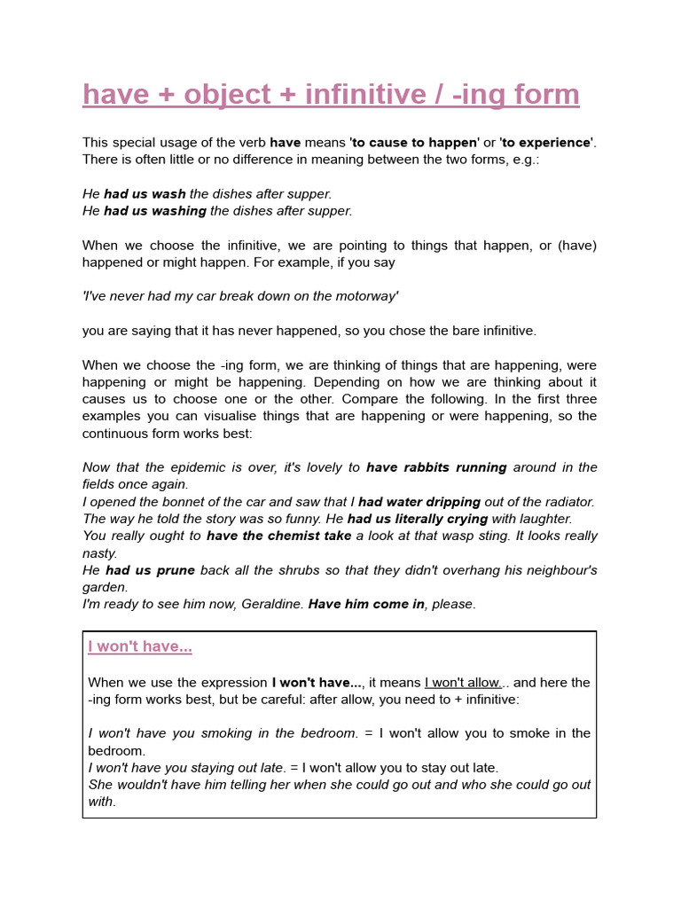 Have + object + infinitive _ -ing form __ Get + object + to infinitive ...