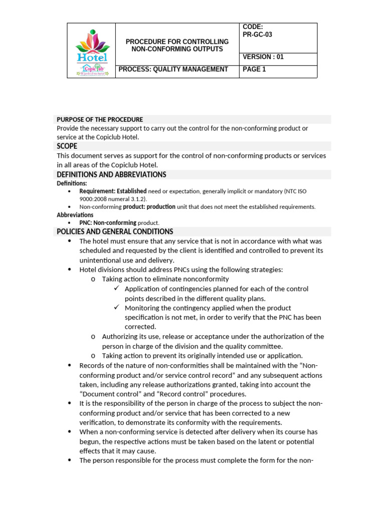 Procedure For The Control of Non-Conforming Outputs | PDF