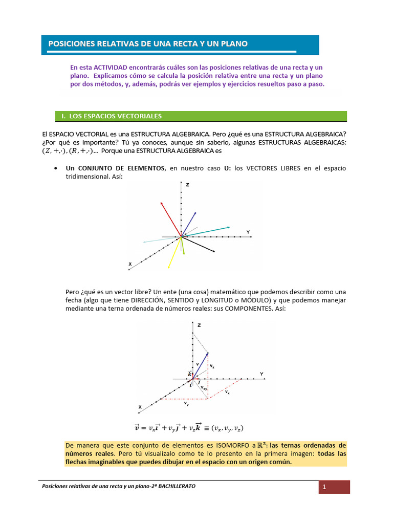 Posiciones Relativas de Una Recta y Un Plano 2o Bachillerato | PDF | Espacio vectorial | Vector ...