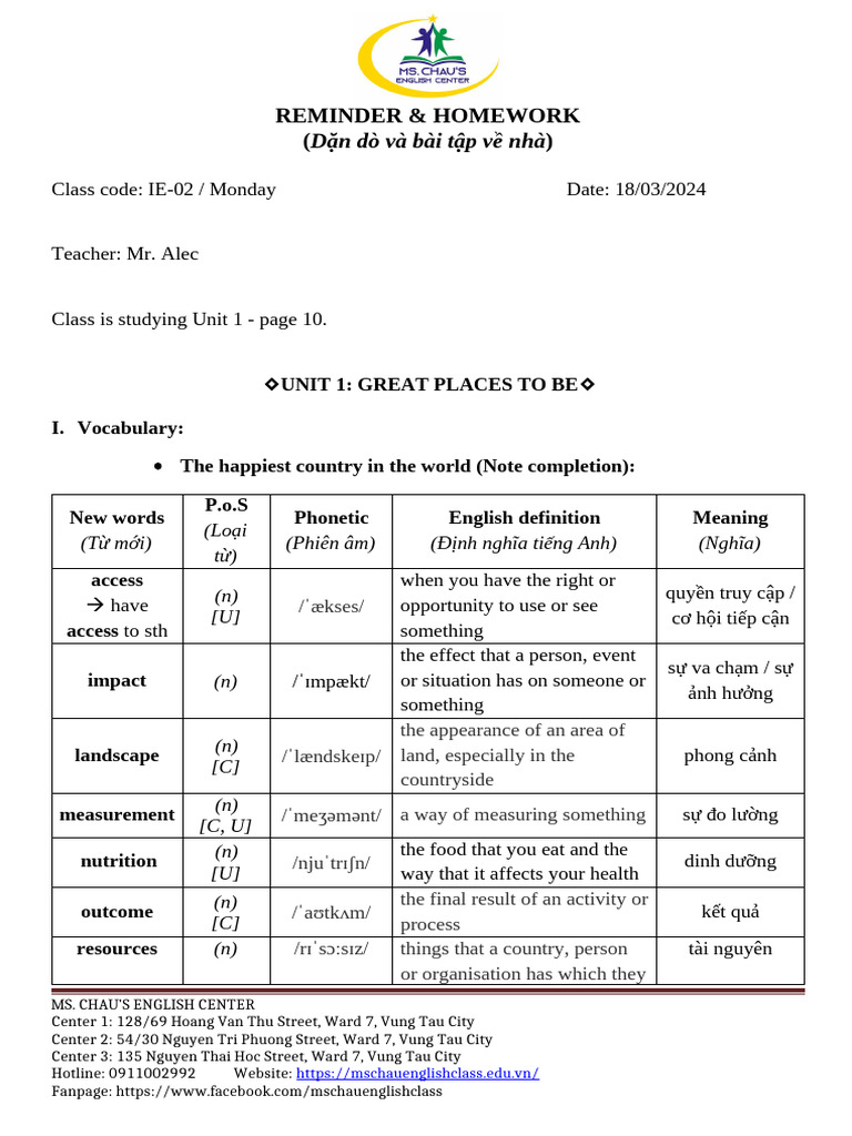 Unit 1 Vocabulary & Homework Guide | PDF