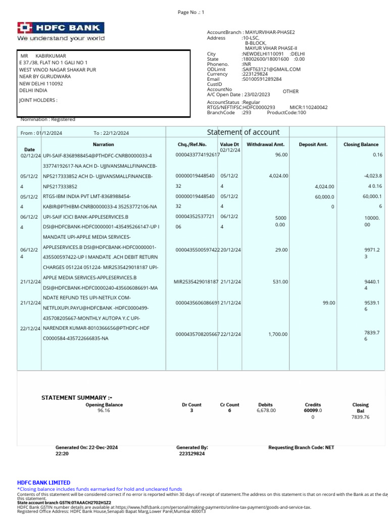 HDFC Bank Account Statement Summary | PDF | Banks | Banking Technology