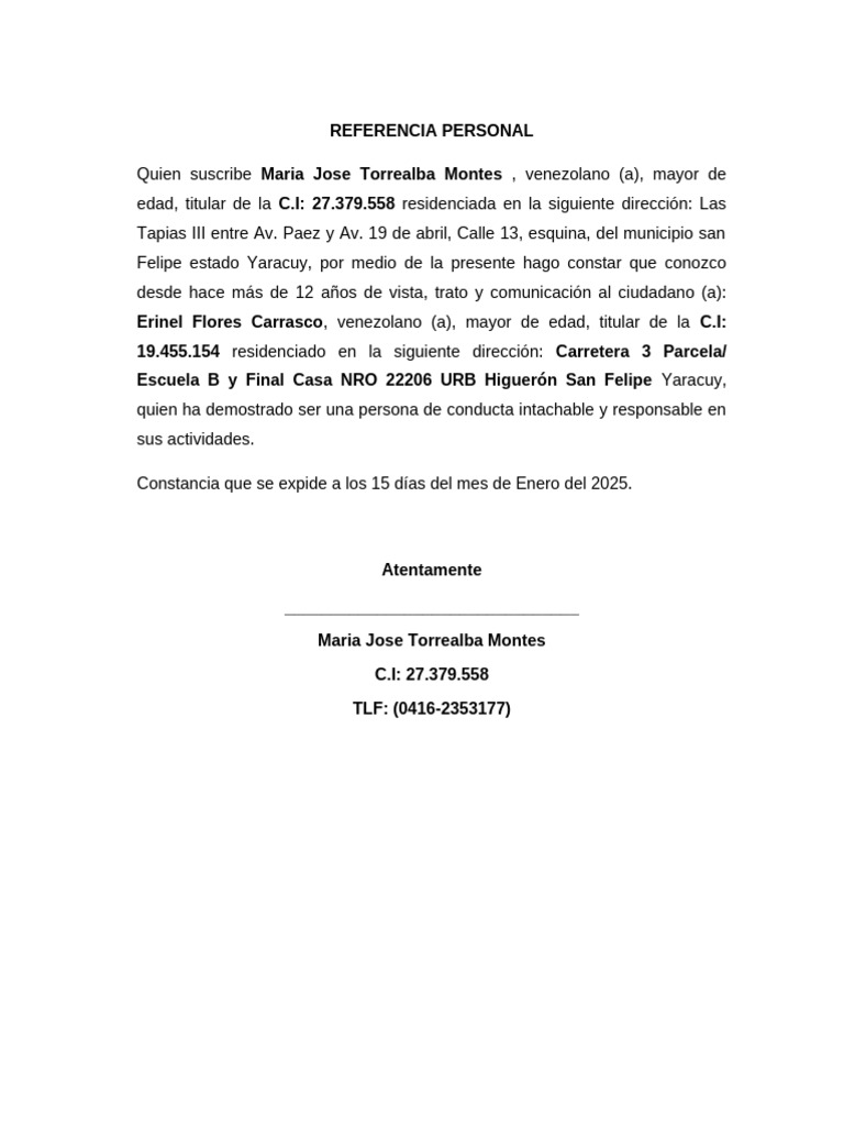 Referencia Personal de Erinel Flores Carrasco | PDF